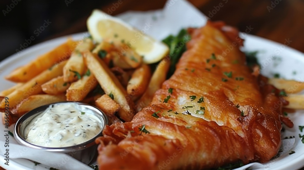 Crispy fish and chips, featuring tender flaky fish coated in a golden ...