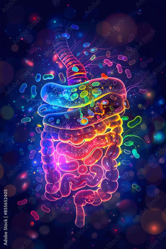Colorful illustration of the human digestive system highlighting gut ...