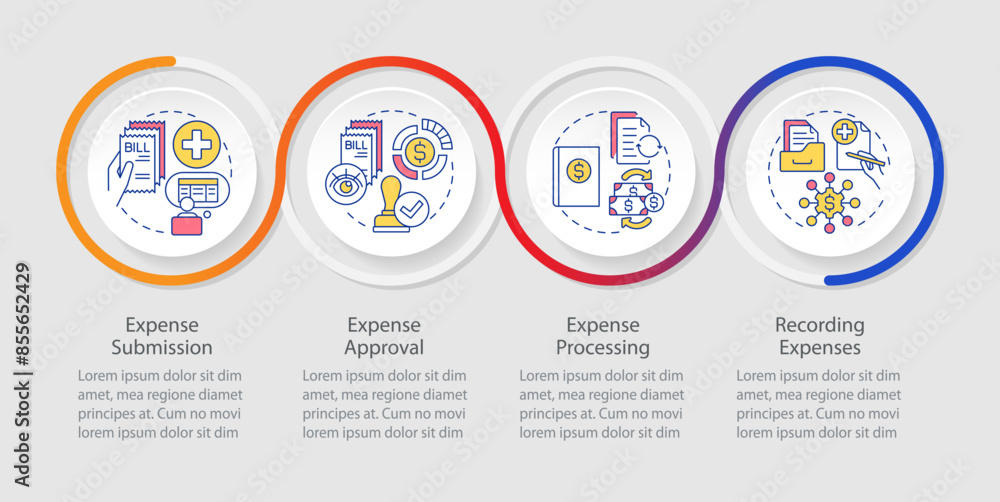 Expense management stages loop infographic template. Regulatory ...