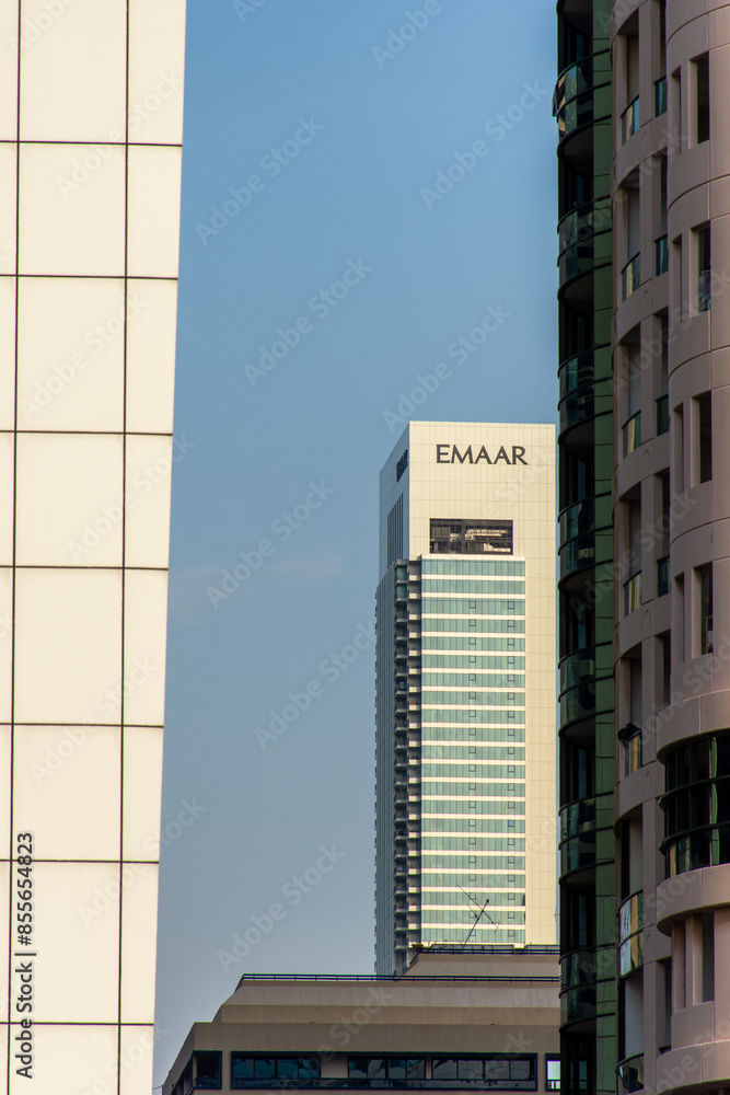 Emaar Properties building on Sheikh Zayed Road in Dubai City. UAE ...