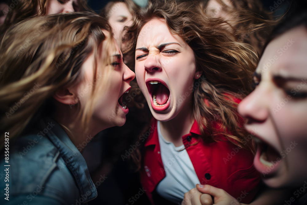 Protest women shouting slogans in opposes racial or gender ...