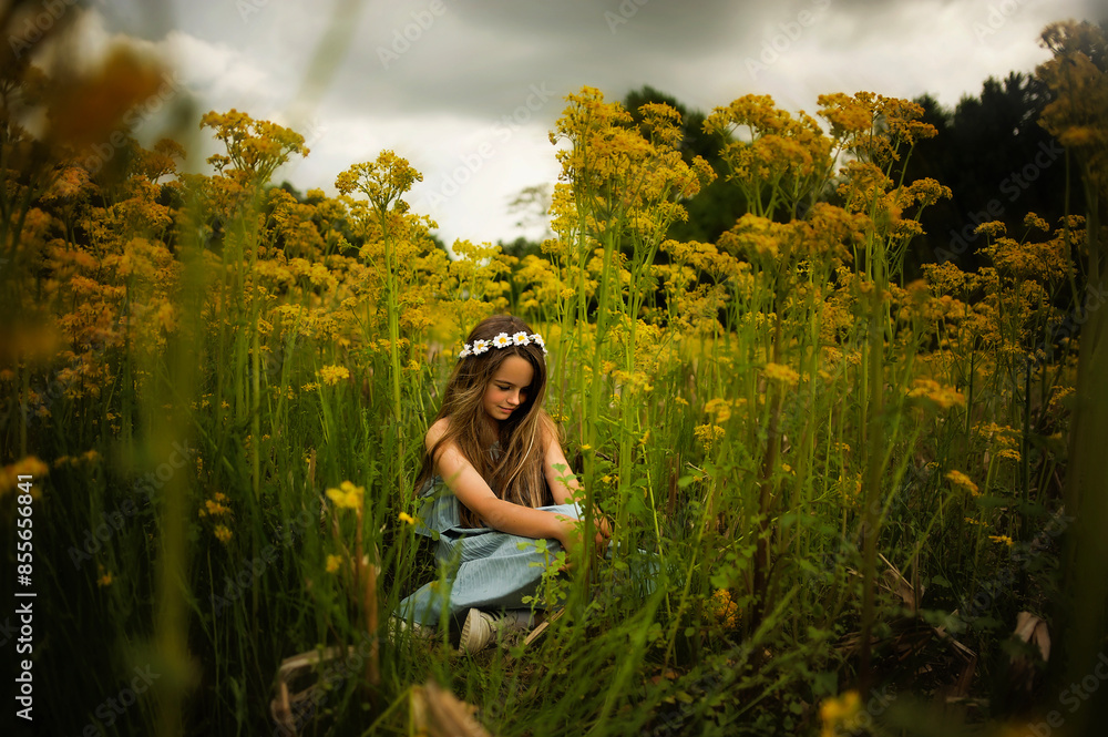 Beautiful young girl sitting in field of yellow flowers Stock Photo ...