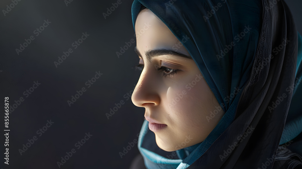 Sad Muslim girl hijab on a black background. Arab young woman face in ...