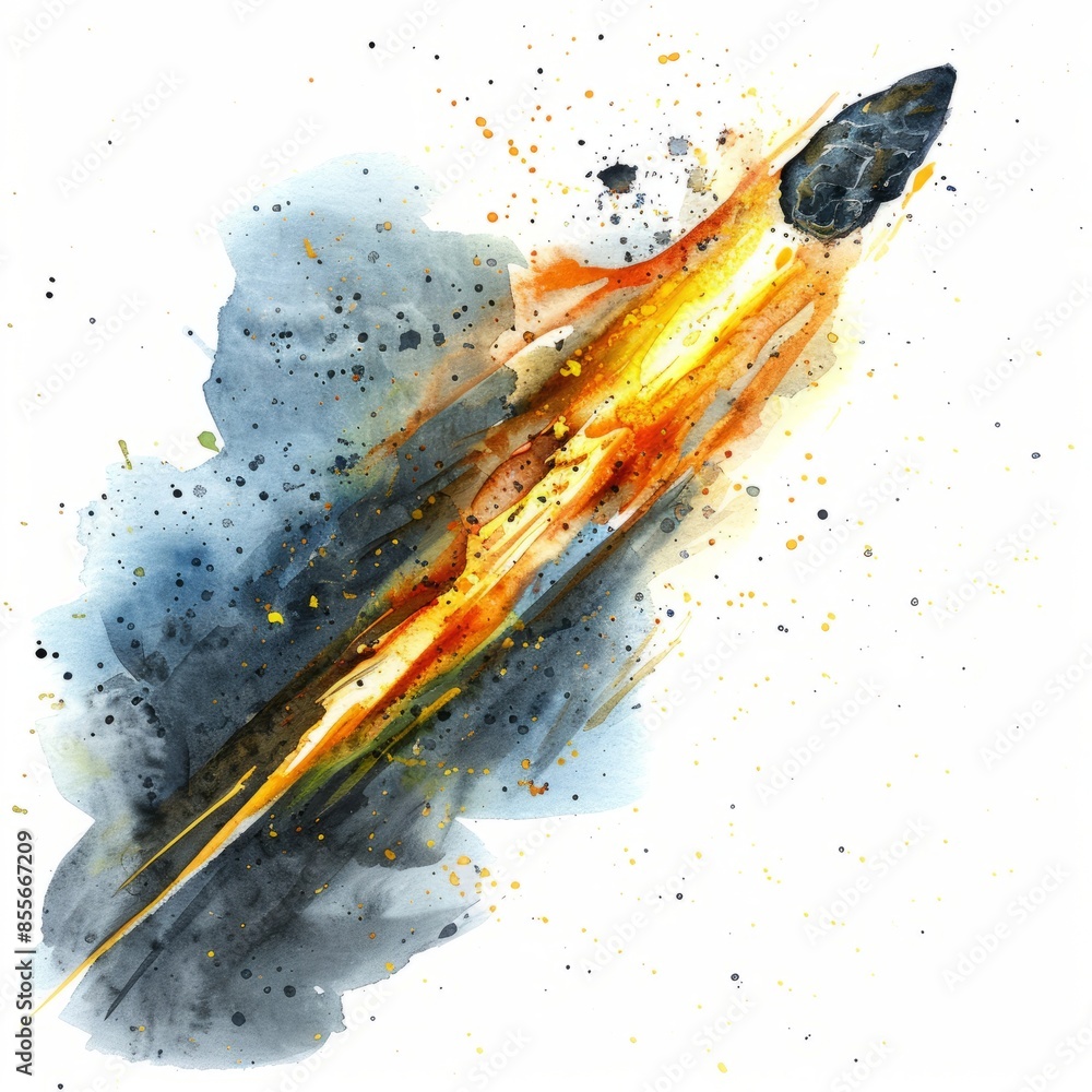 Watercolor painting of a flaming meteor streaking through the night sky ...