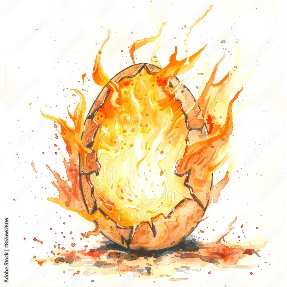 Watercolor painting of a phoenix egg cracking open, releasing fiery ...