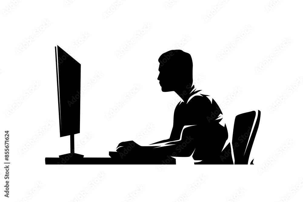 Programming, man sitting at desk and working on computer, isolated ...
