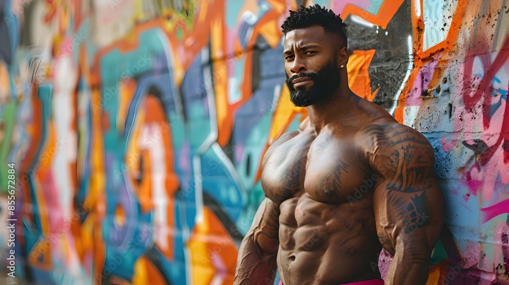 Muscular Bodybuilder Posing in Vibrant Graffiti Backdrop Blending ...