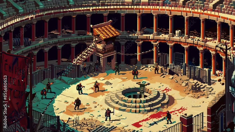 8bit gladiator, colosseum battle, pixel art style, vibrant colors ...