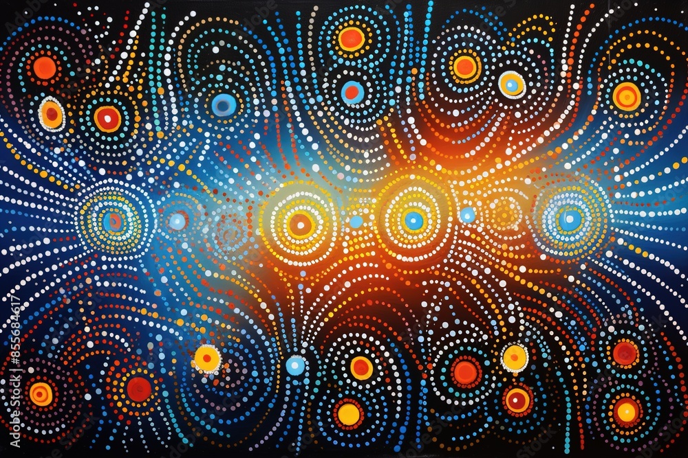An intricate Aboriginal dot painting depicting Dreamtime stories with ...