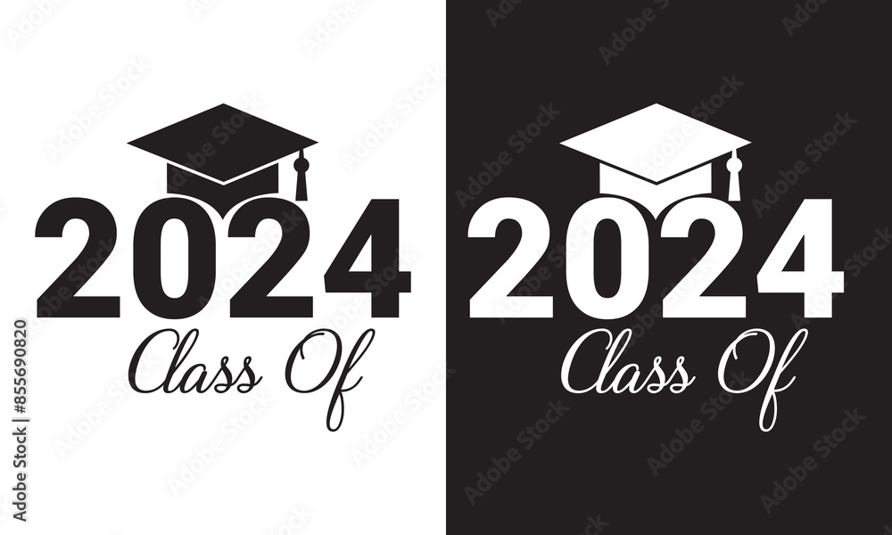 Class of 2024 Script Graphic With diploma and graduation Cap Black and ...