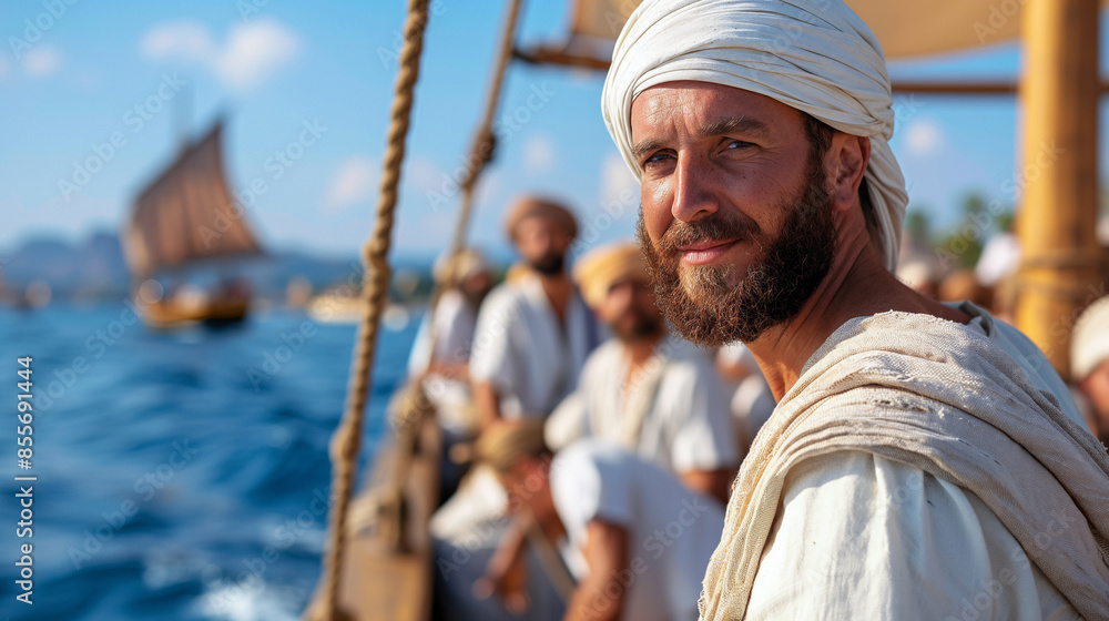 Biblical Paul, dressed in ancient attire, stands on a boat with a group ...