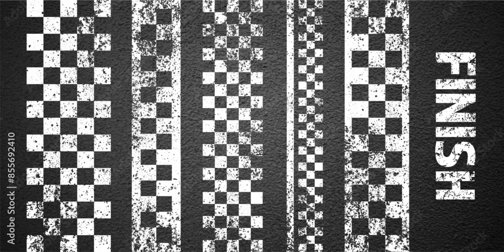 Asphalt road with white start or finish checkered line marking ...