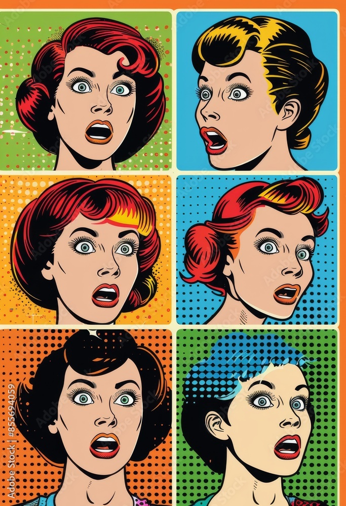 Comic book style artwork with expressive eyes in colorful comic strip ...