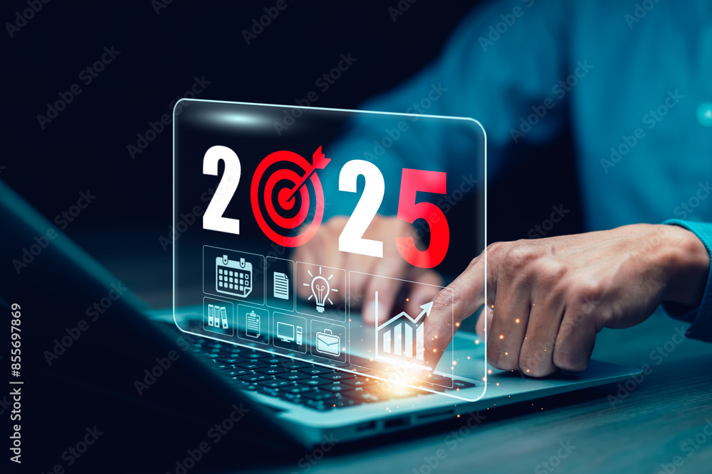 Businessman touch growth data chart arrow with diagram 2025 budget ...