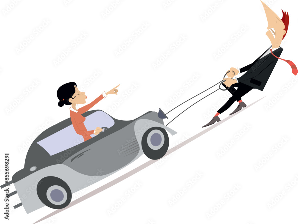 Man dragging a broken car with an angry woman in. Tired man with a ...