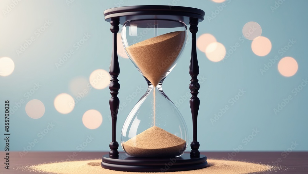 wooden hourglass on blue background with sand flowing through it. The ...