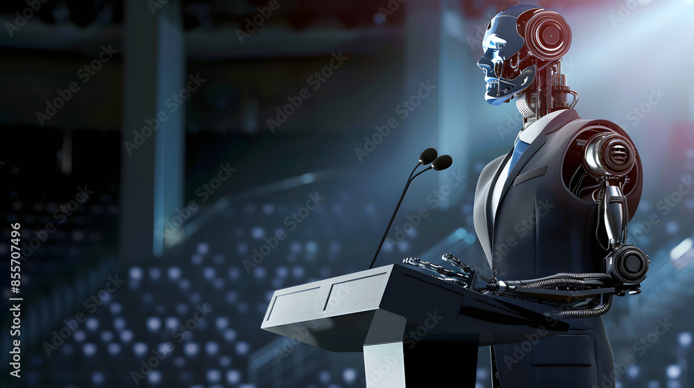AI robot politician, humanoid robot in suit delivering speech from ...