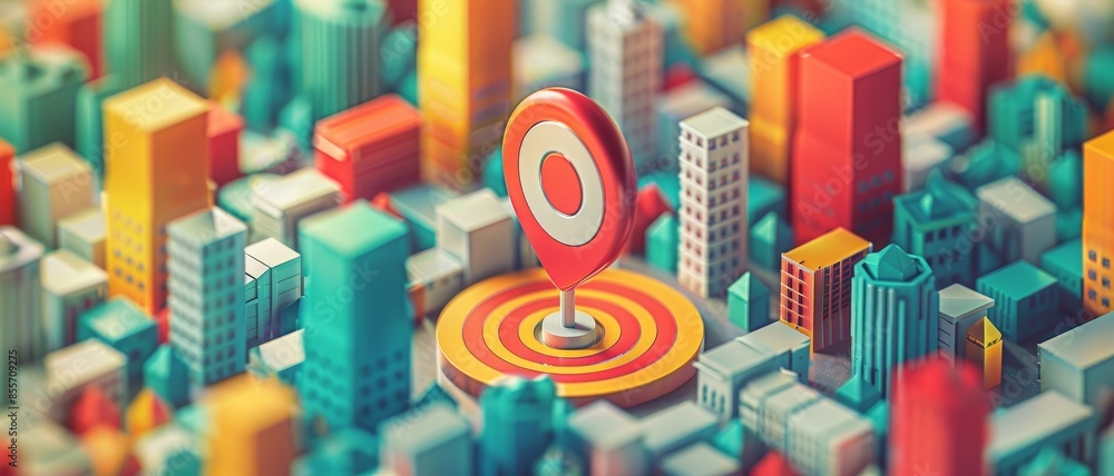 3D illustration of a city map with a target marker, representing ...