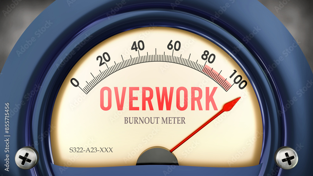 Overwork and Burnout Meter that is hitting a full scale, showing a very ...