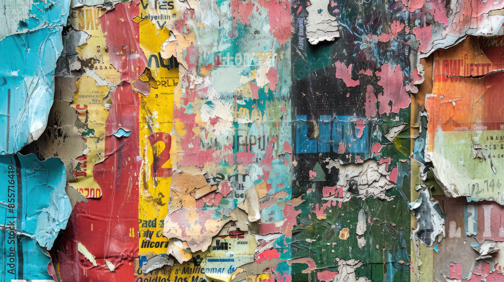 Tattered, colorful street posters torn from the walls, revealing layers ...
