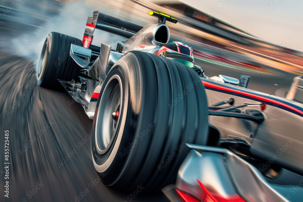A close-up of a race car moving at high speed on a racetrack. The image ...