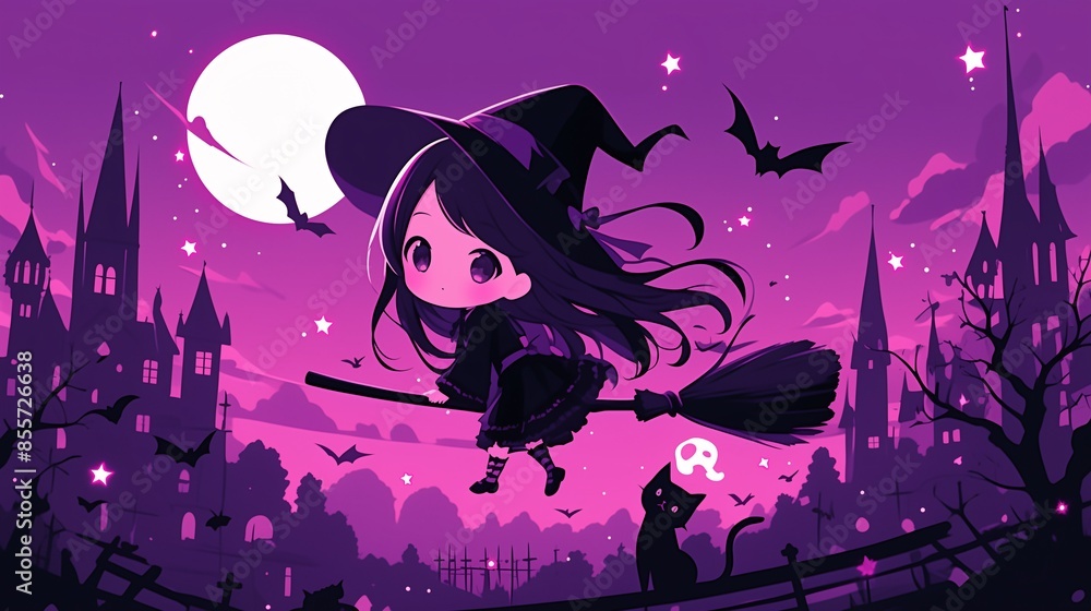 Little witch on her flying broom with her cat, over the city, in a ...