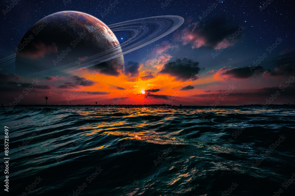 ocean world with giant planet and a beautiful sunset, alien landscape ...