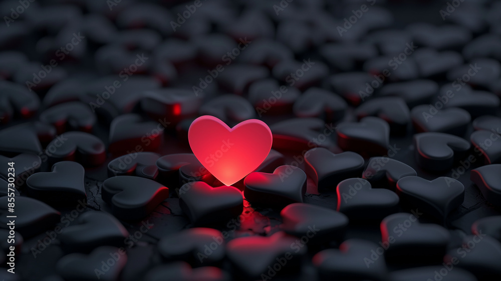 Dark background, a red glowing love heart in the middle of black hearts ...
