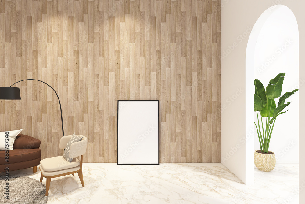 3d render of illustration wall arched corner living room with frame ...