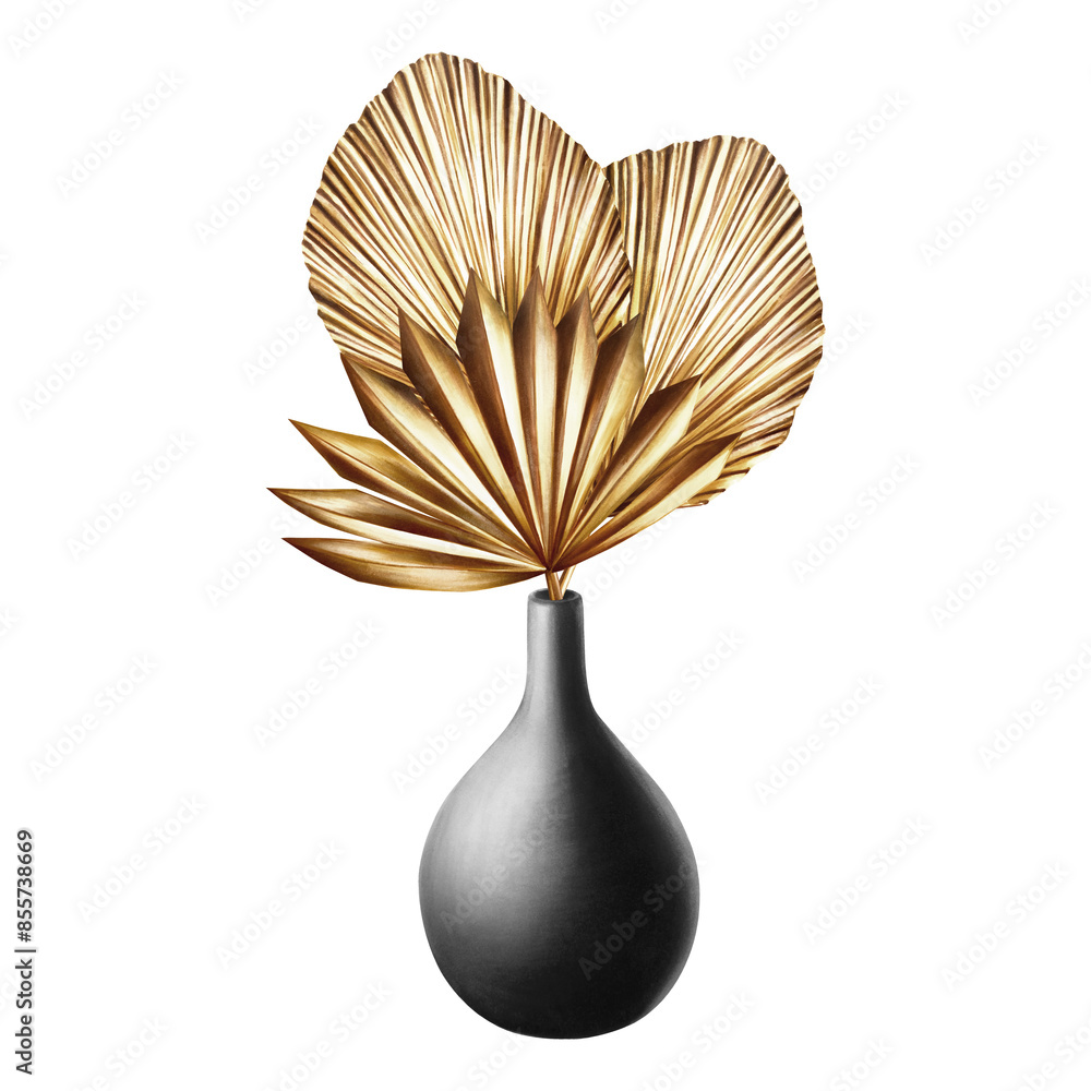 Black antique ceramic vase with with dried branches, pampas grass ...