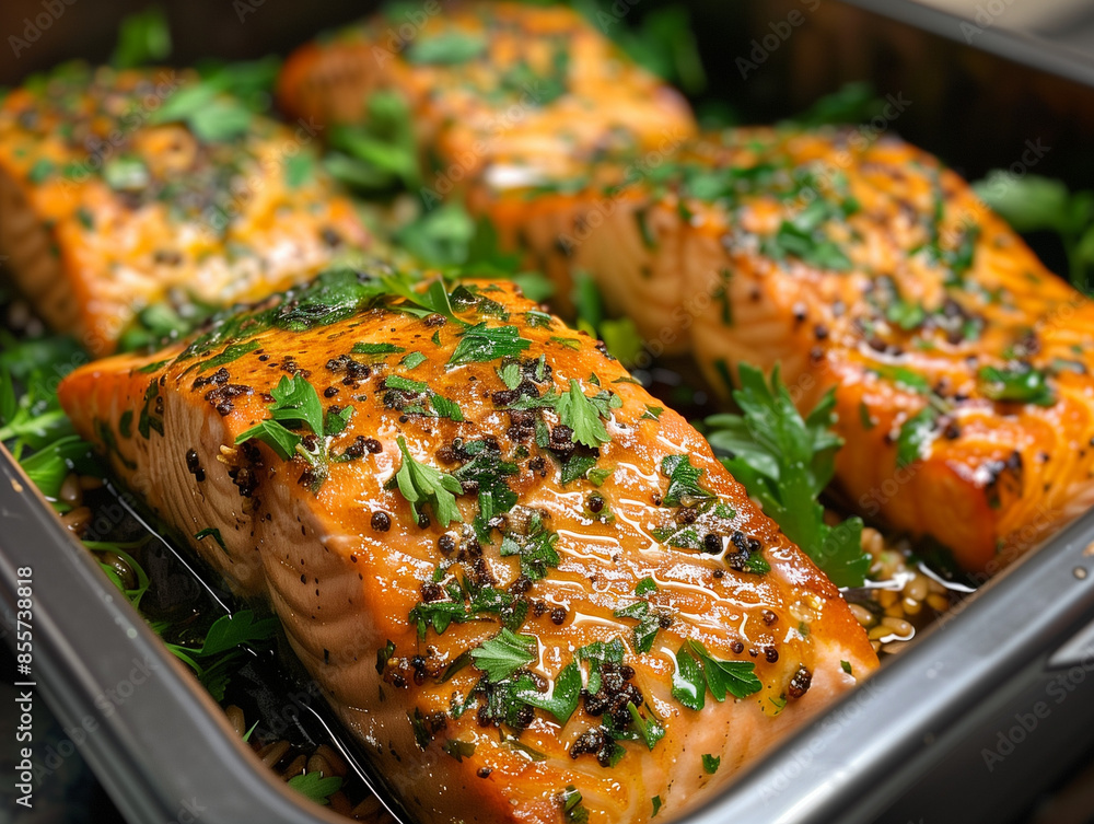 Herb-Coated Salmon Fillets in Air Fryer with Greens and Grains Stock ...