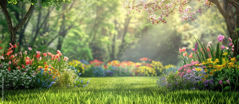 Colorful Flowers, Grass Lawn and Green Leafy Trees in a Beautiful ...