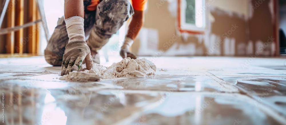 Construction worker tiler is tiling, ceramic tile floor adhesive. with ...