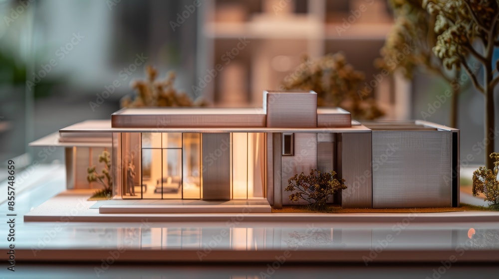 Detailed model of a modern single-story home with glass walls and ...
