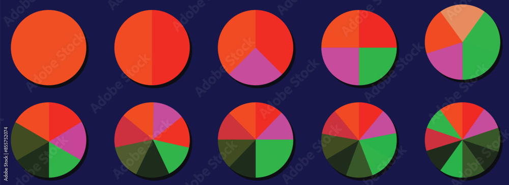 set of colored pie charts for 1,2,3,4,5,6,7,8,9,10 steps or sections to ...