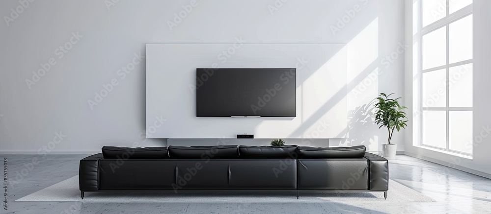 Empty living room interior with black leather sofa and tv in white ...