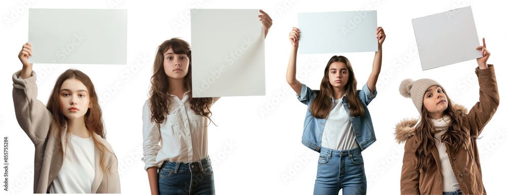 PNG girl holding up a paper sign cut out element set Stock Photo ...