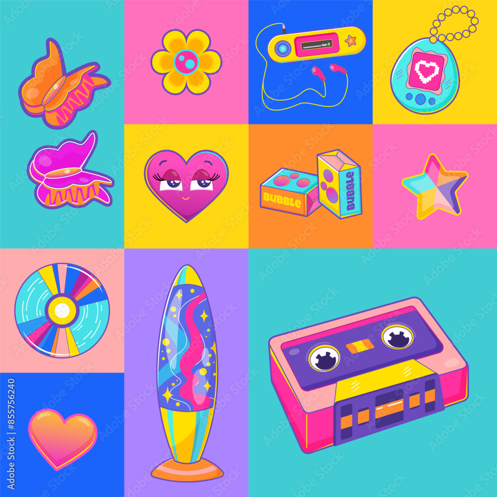 Y2k aesthetic collage. Vector colorful pattern of 90s pop culture items ...