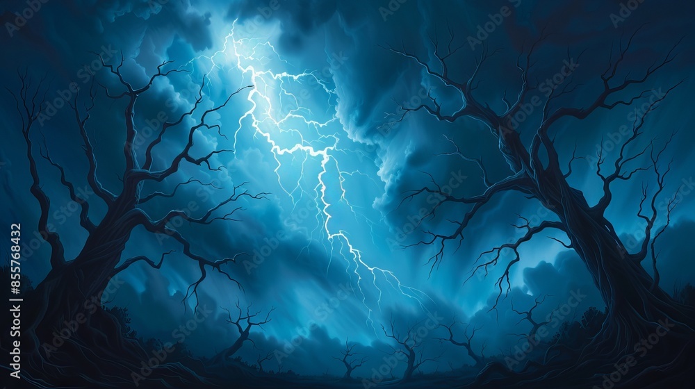 Night storm with lightning illuminating a dark forest of bare trees ...
