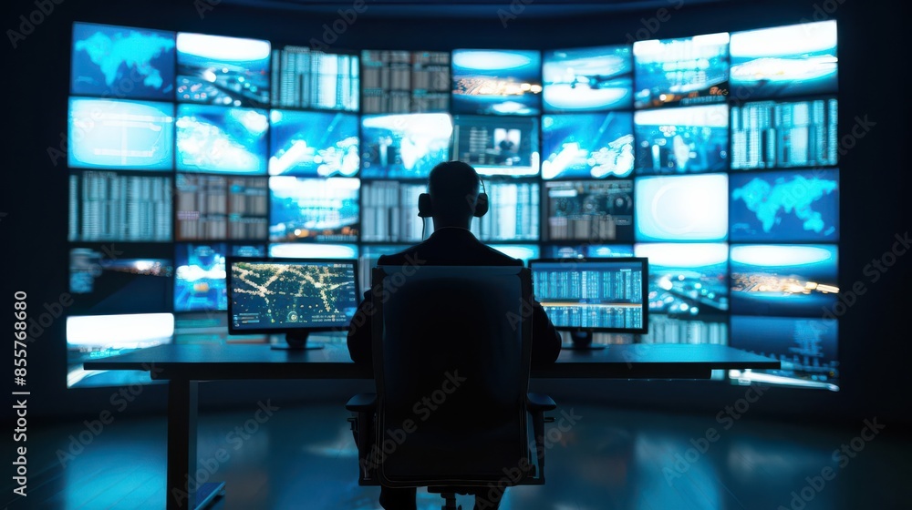 A control room with multiple computer screens displaying security feeds and a sole operator ...