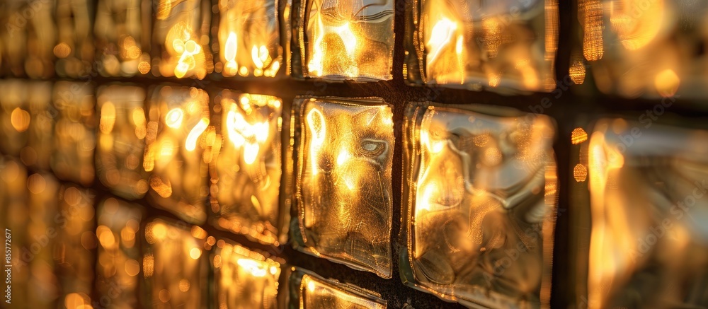 Uneven golden light reflects through glass block wall. with copy space ...