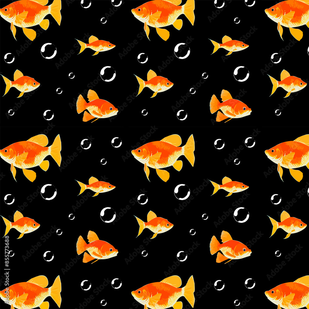 Black background with fish.Vector seamless pattern with goldfish and ...