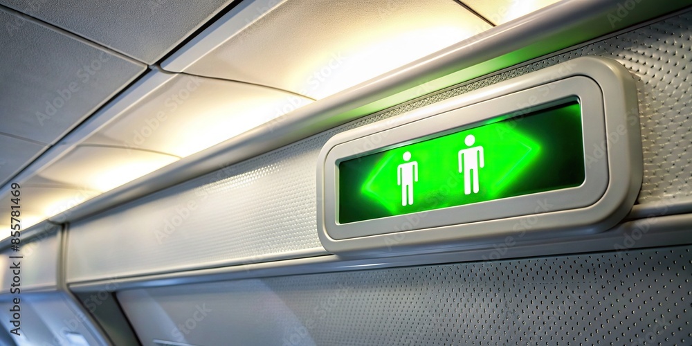 Green lighted lavatory sign on airplane cabin wall indicating ...