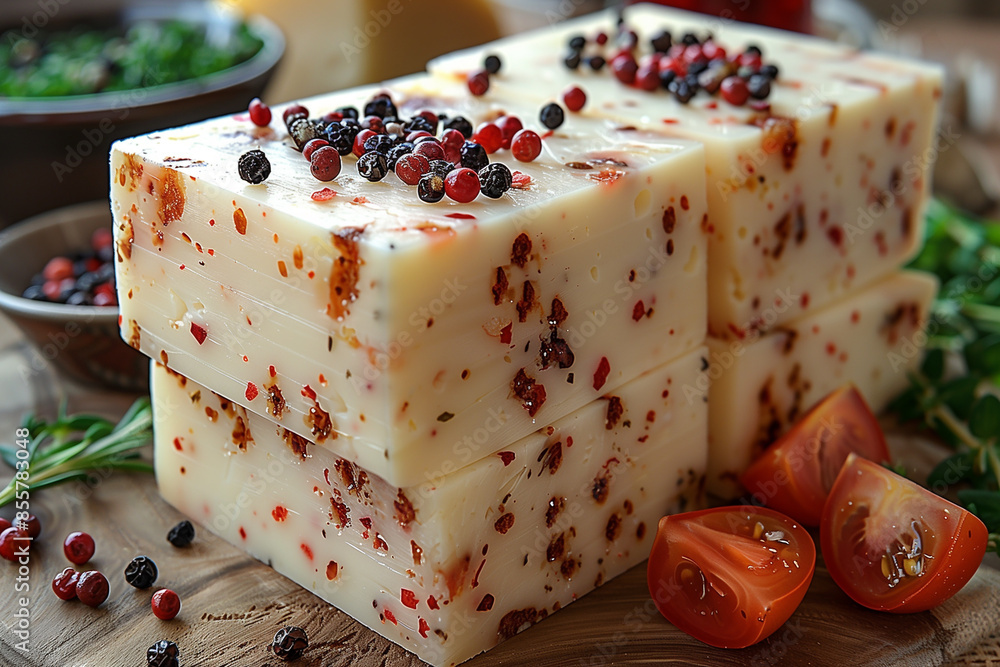 Variety of different types and shapes of cheese arranged on a table ...