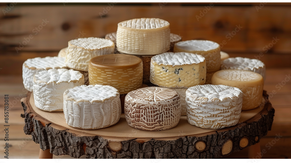 Variety of different types and shapes of cheese arranged on a table ...