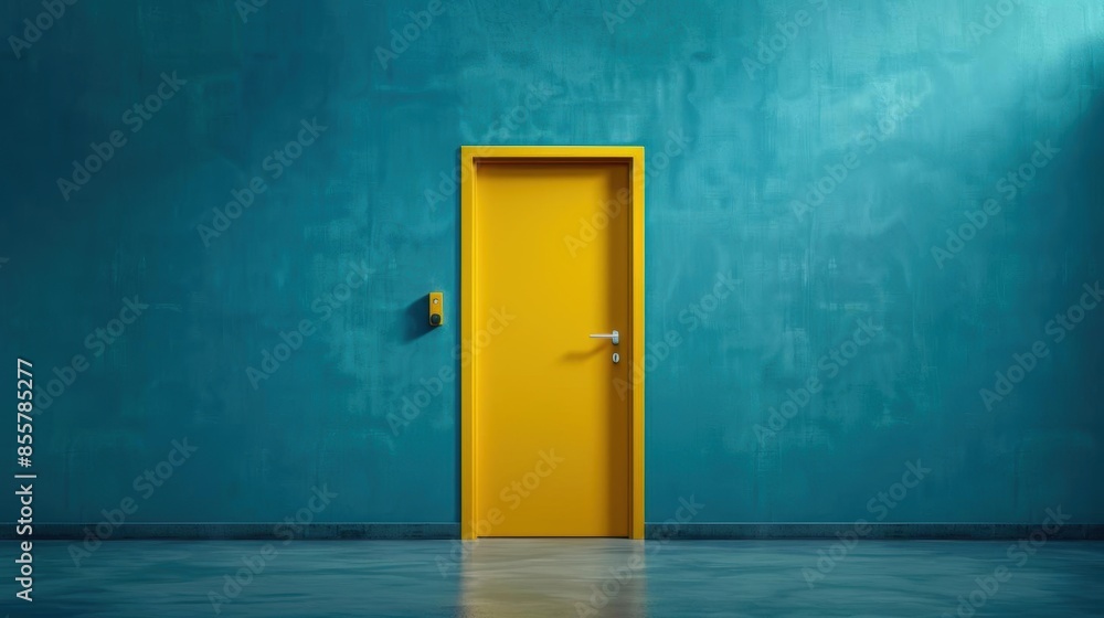 Dramatic scene of a yellow emergency exit door on a blue wall ...