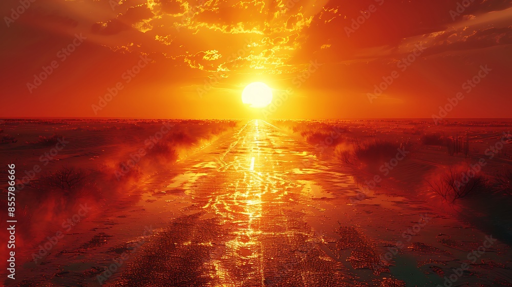 A vibrant depiction of heat waves rising from a desert road, mirroring ...