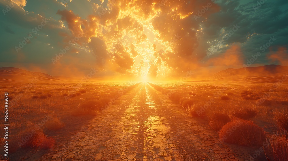 A vibrant depiction of heat waves rising from a desert road, mirroring ...