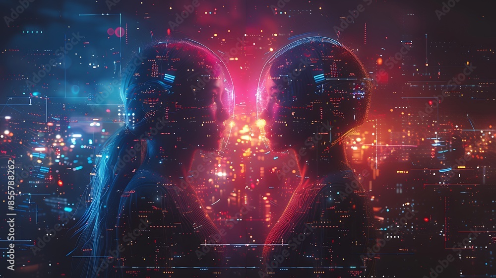 A vibrant design of a futuristic digital grid overlaying a dark ...
