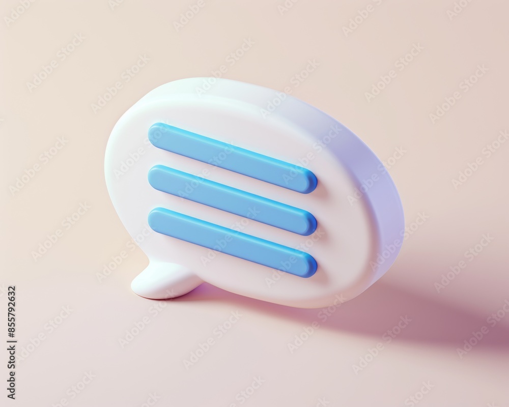 An animated glossy white speech bubble with blue text lines, an ...